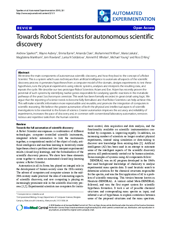 (PDF) Robot Scientists: Automating Discovery Process