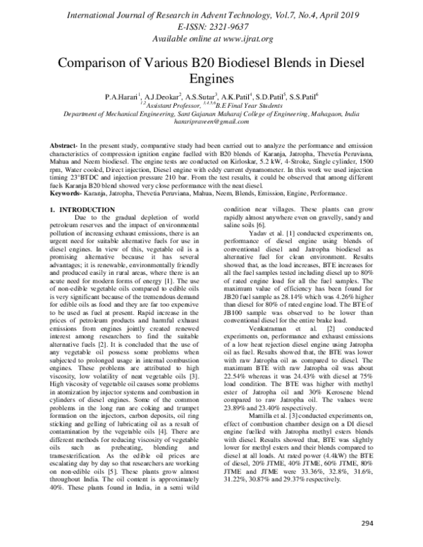 (PDF) Comparison of Various B20 Biodiesel Blends in Diesel Engines