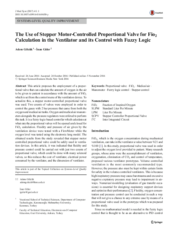 Pdf The Use Of Stepper Motor Controlled Proportional Valve For Fio2 Calculation In The