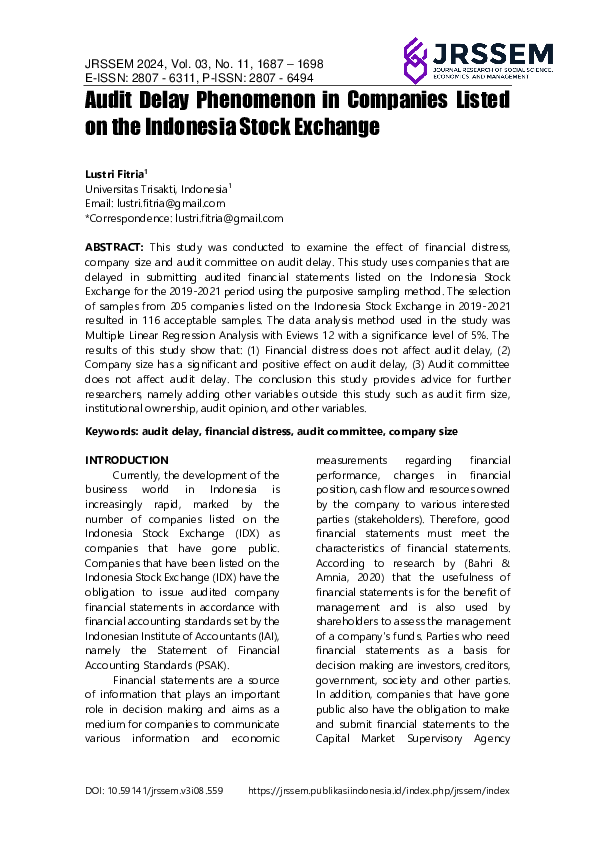 (PDF) Audit Delay Phenomenon in Companies Listed on the Indonesia Stock Exchange