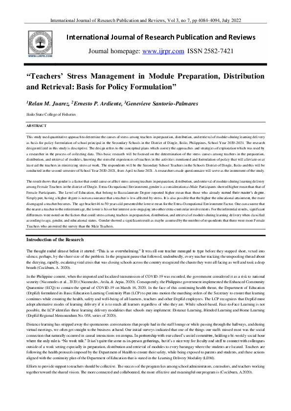 (PDF) “Teachers’ Stress Management in Module Preparation, Distribution ...