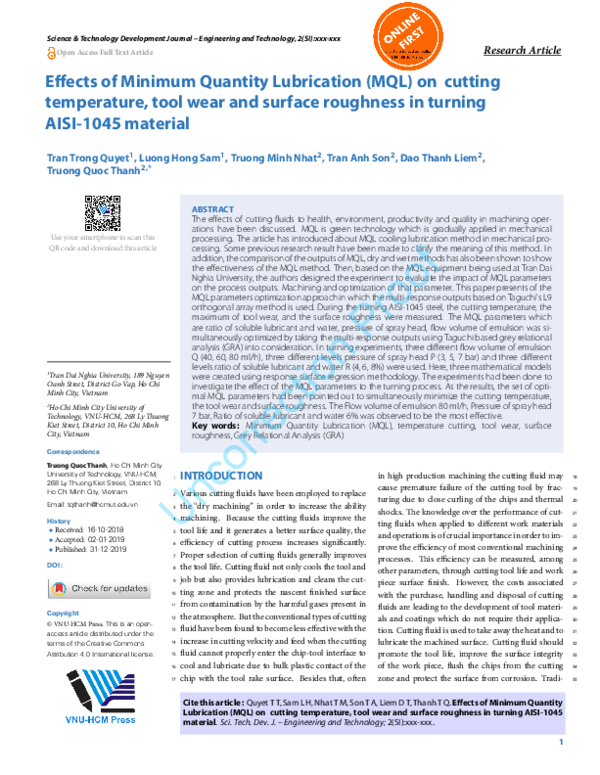 Pdf Effects Of Minimum Quantity Lubrication Mql On Cutting Temperature Tool Wear And