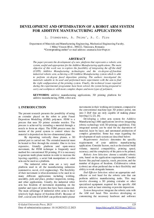 (PDF) Development and Optimisation of a Robot Arm System for Additive ...