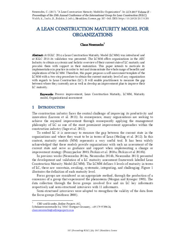 (PDF) A Lean Construction Maturity Model for Organizations