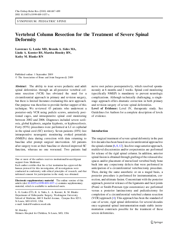 (PDF) Vertebral Column Resection for the Treatment of Severe Spinal ...