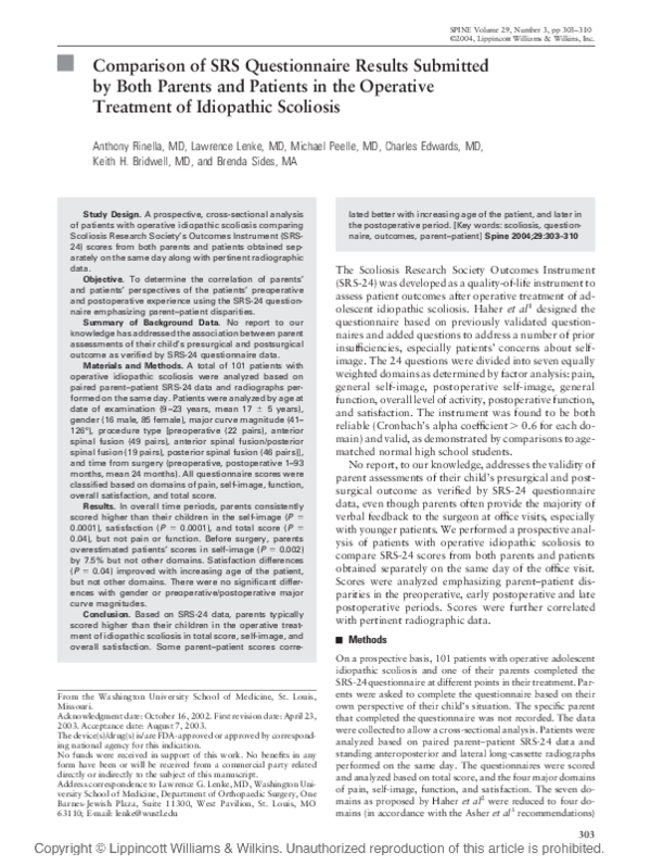 (PDF) Comparison of SRS Questionnaire Results Submitted by Both Parents ...