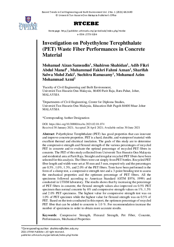 (PDF) Investigation on Polyethylene Terephthalate (PET) Waste Fiber Performances in Concrete ...