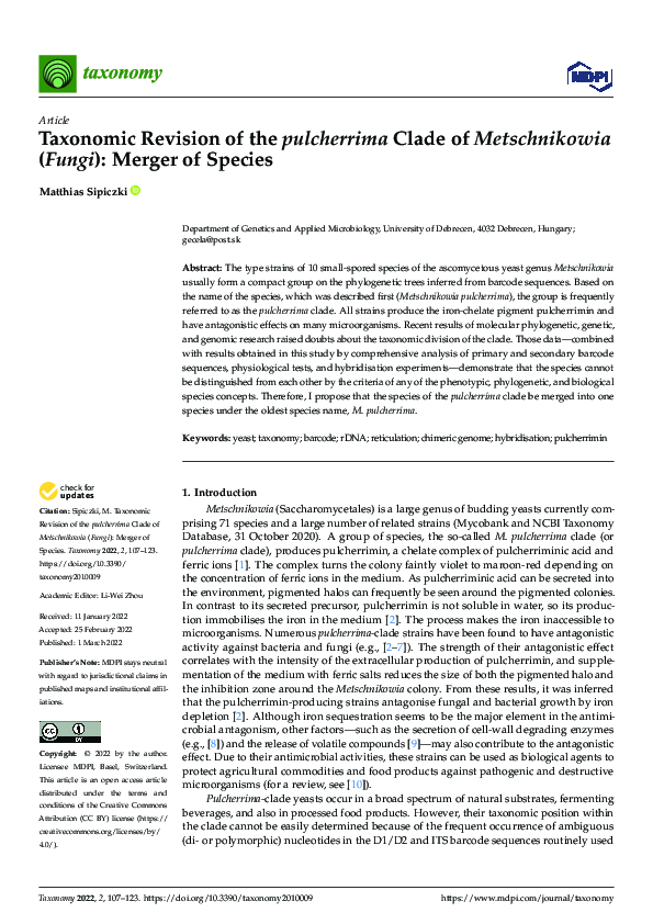 (PDF) Taxonomic Revision of the pulcherrima Clade of Metschnikowia ...