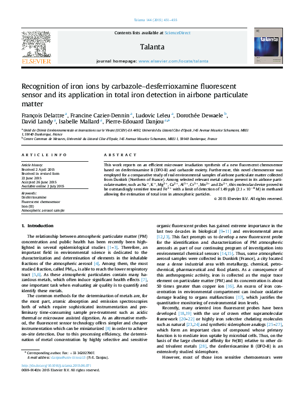 (PDF) Recognition of iron ions by carbazole–desferrioxamine fluorescent ...