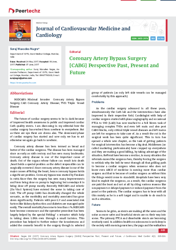 (PDF) Coronary Artery Bypass Surgery [CABG] Perspective Past, Present ...