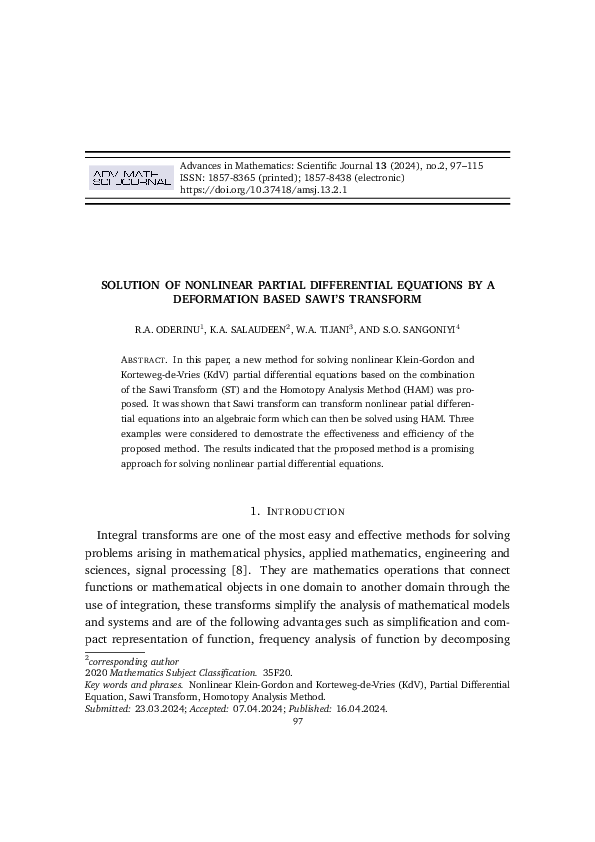 (PDF) Solution of Nonlinear Partial Differential Equations by a Deformation Based Sawi’s Transform