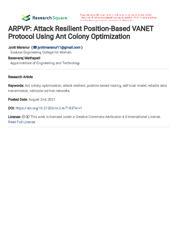 (PDF) ARPVP: Attack Resilient Position-Based VANET Protocol Using Ant Colony Optimization