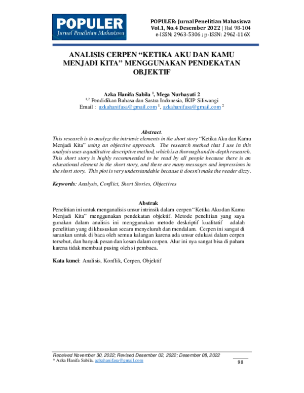 (PDF) Analisis Cerpen “Ketika Aku Dan Kamu Menjadi Kita” Menggunakan Pendekatan Objektif