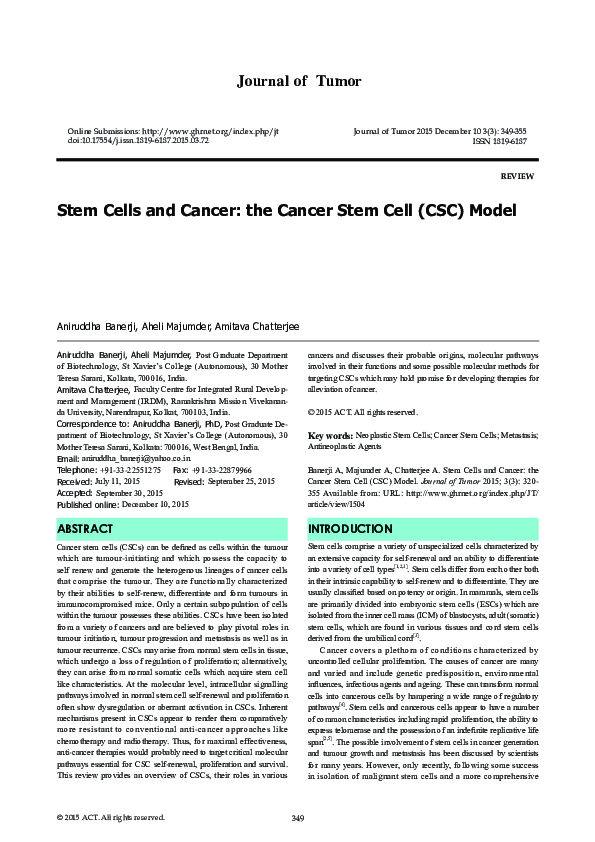 (PDF) Stem Cells and Cancer: the Cancer Stem Cell (CSC) Model | Aheli ...