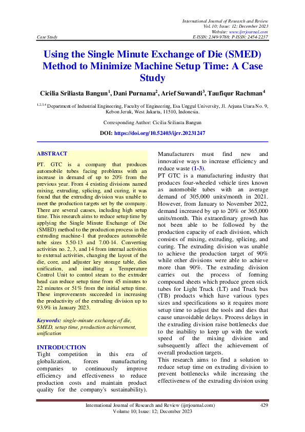 (PDF) Using the Single Minute Exchange of Die (SMED) Method to Minimize Machine Setup Time: A ...