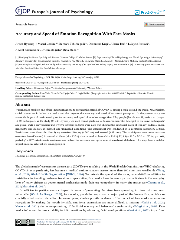 (PDF) Accuracy and speed of emotion recognition with face masks