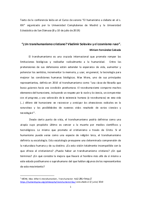 (PDF) Un transhumanismo cristiano. Soloviov y el cosmismo ruso