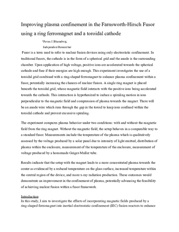 (PDF) Improving plasma confinement in the Farnsworth-Hirsch Fusor using ...