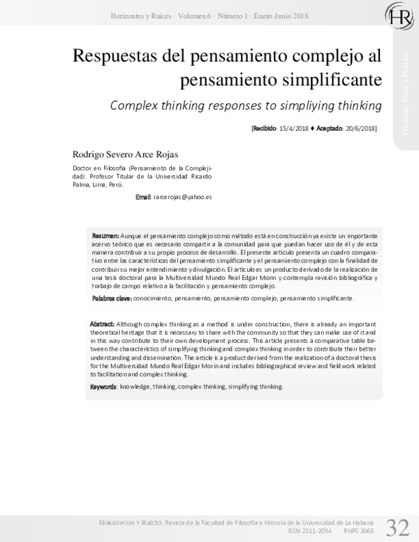 (PDF) Respuestas del pensamiento complejo al pensamiento simplificante