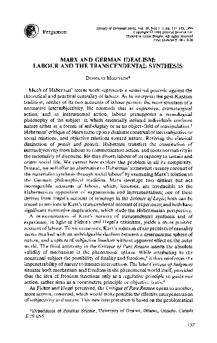 (PDF) Marx and German idealism: Labour and the transcendental synthesis