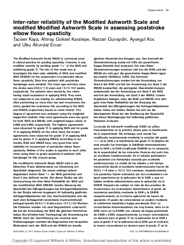 (PDF) Inter-rater reliability of the modified Ashworth Scale for ...
