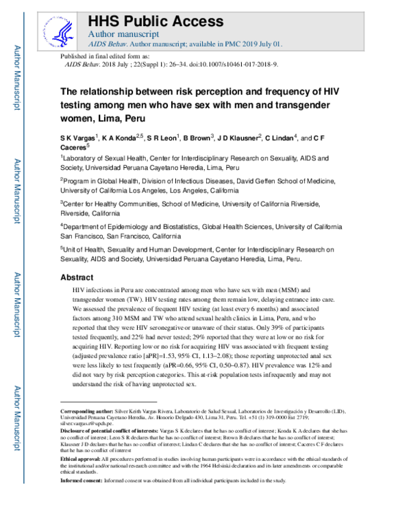 Pdf The Relationship Between Risk Perception And Frequency Of Hiv Testing Among Men Who Have