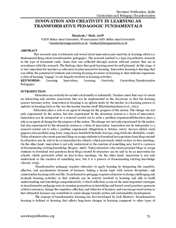 (PDF) INNOVATION AND CREATIVITY IN LEARNING AS TRANSFORMATIVE PEDAGOGIC FUNDAMENTALS