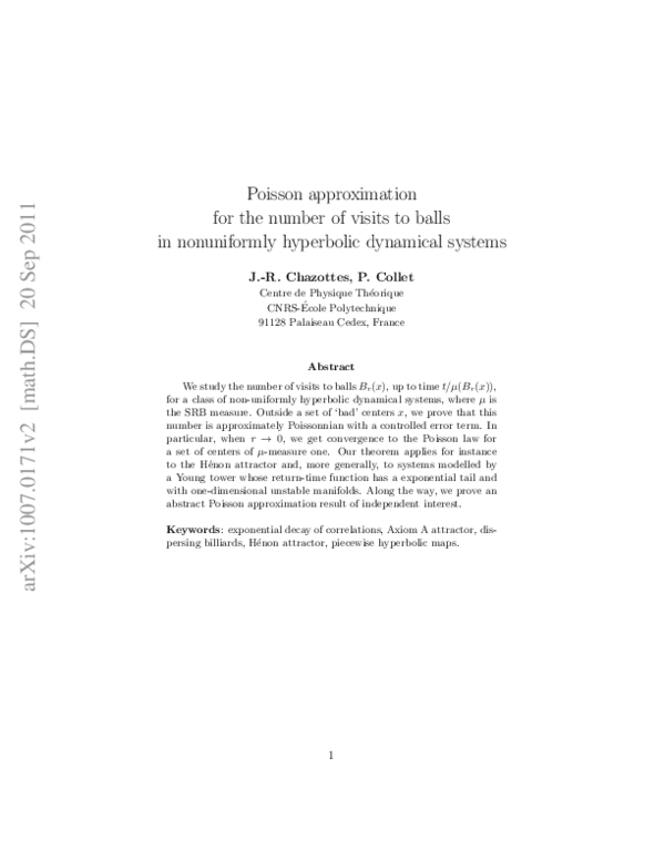 Pdf Poisson Approximation For The Number Of Visits To Balls In Nonuniformly Hyperbolic