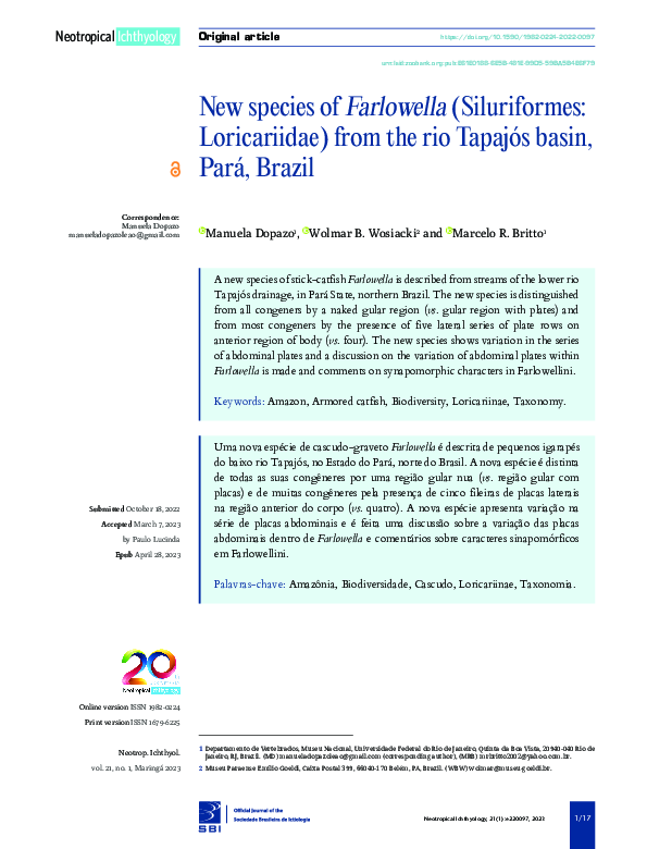 (PDF) New species of Farlowella (Siluriformes: Loricariidae) from the ...