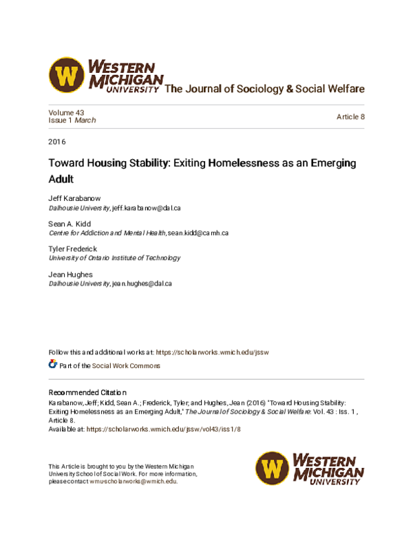 (PDF) Toward Housing Stability: Exiting Homelessness as an Emerging Adult