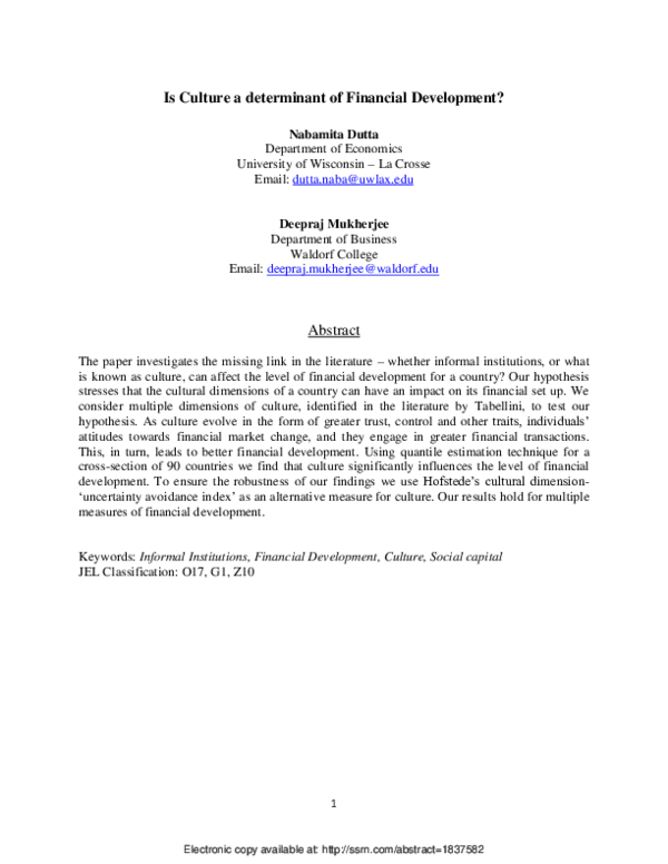 (PDF) Is culture a determinant of financial development