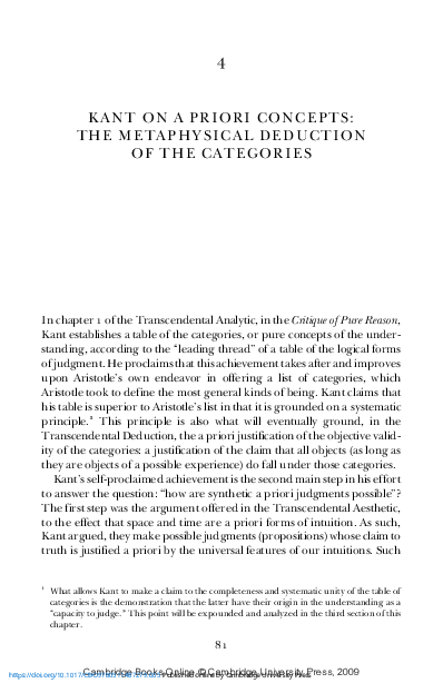 (PDF) KANT ON A PRIORI CONCEPTS: THE METAPHYSICAL DEDUCTION OF THE ...