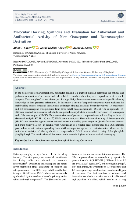 (PDF) Molecular Docking, Synthesis and Evaluation for Antioxidant and Antibacterial Activity of ...