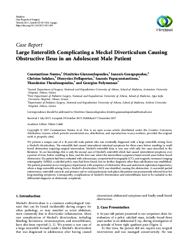 (PDF) Large Enterolith Complicating a Meckel Diverticulum Causing ...