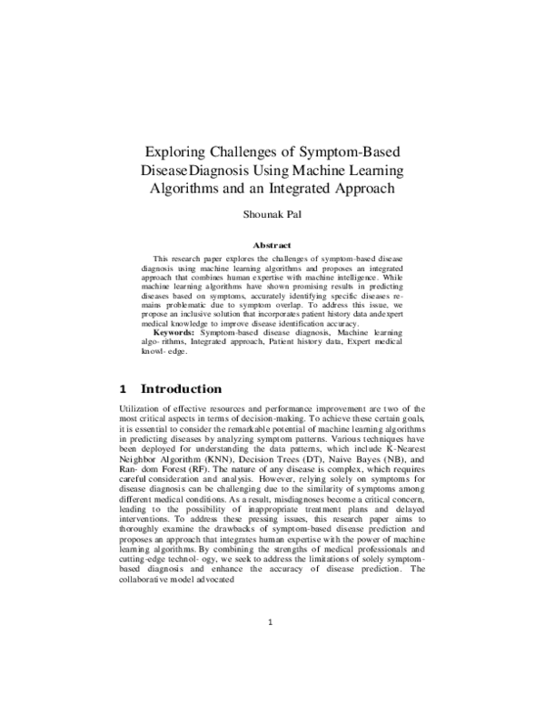 (PDF) Exploring Challenges of Symptom-Based Disease Diagnosis Using Machine Learning Algorithms ...