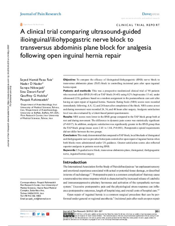 (PDF) A clinical trial comparing ultrasound-guided ilioinguinal/iliohypogastric nerve block to ...