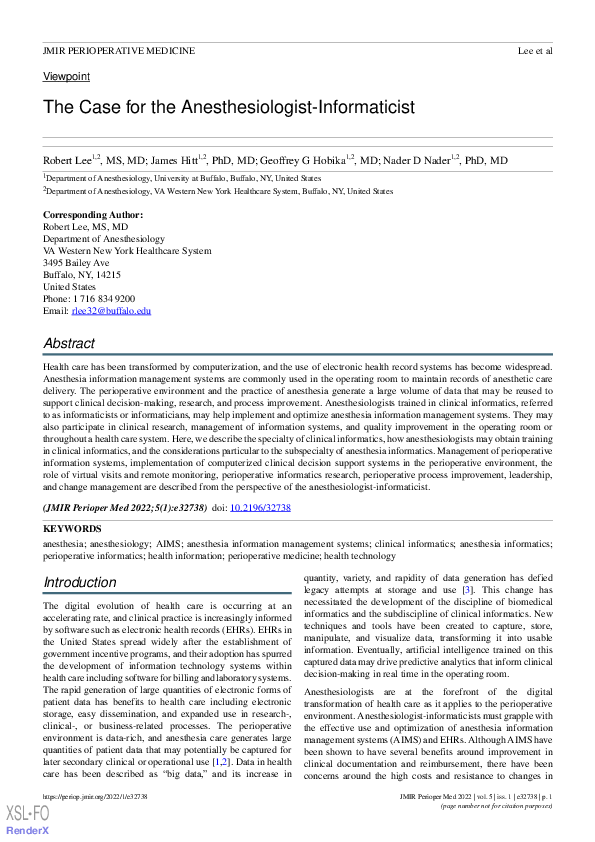 (PDF) The Case for the Anesthesiologist-Informaticist (Preprint)