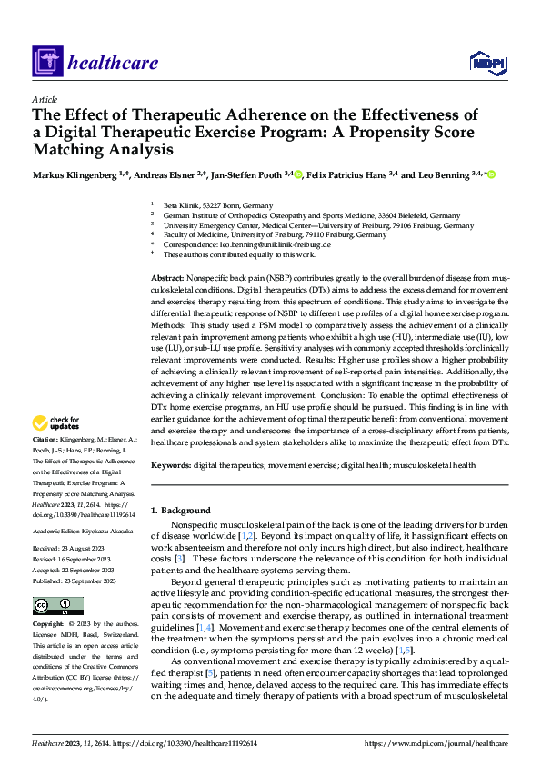 (PDF) The Effect of Therapeutic Adherence on the Effectiveness of a Digital Therapeutic Exercise ...
