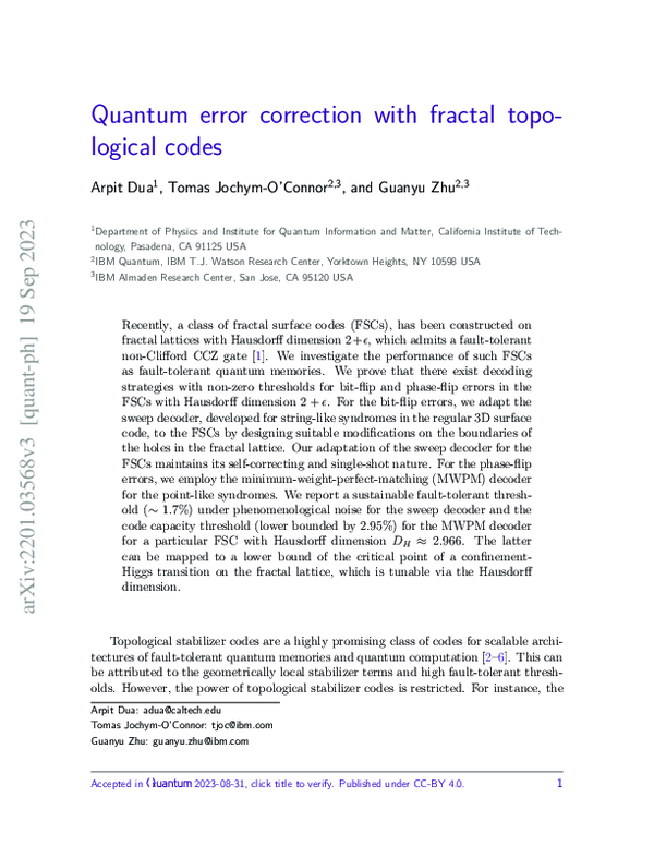 (PDF) Quantum error correction with fractal topological codes