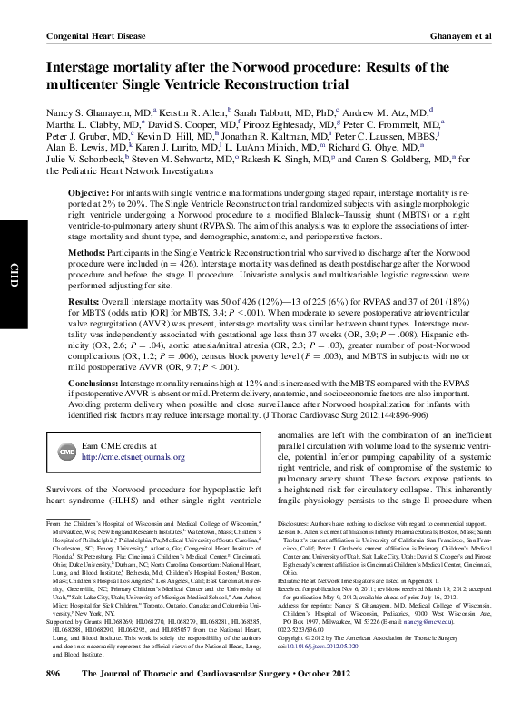(PDF) Interstage mortality after the Norwood procedure: Results of the ...