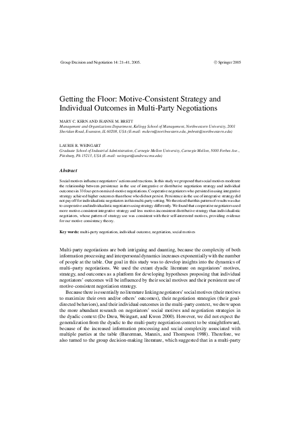 (PDF) Getting the Floor: Motive-Consistent Strategy and Individual Outcomes in Multi-Party ...