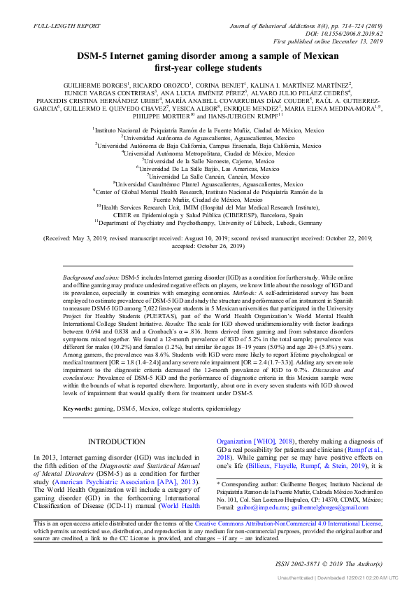(PDF) DSM-5 Internet gaming disorder among a sample of Mexican first ...