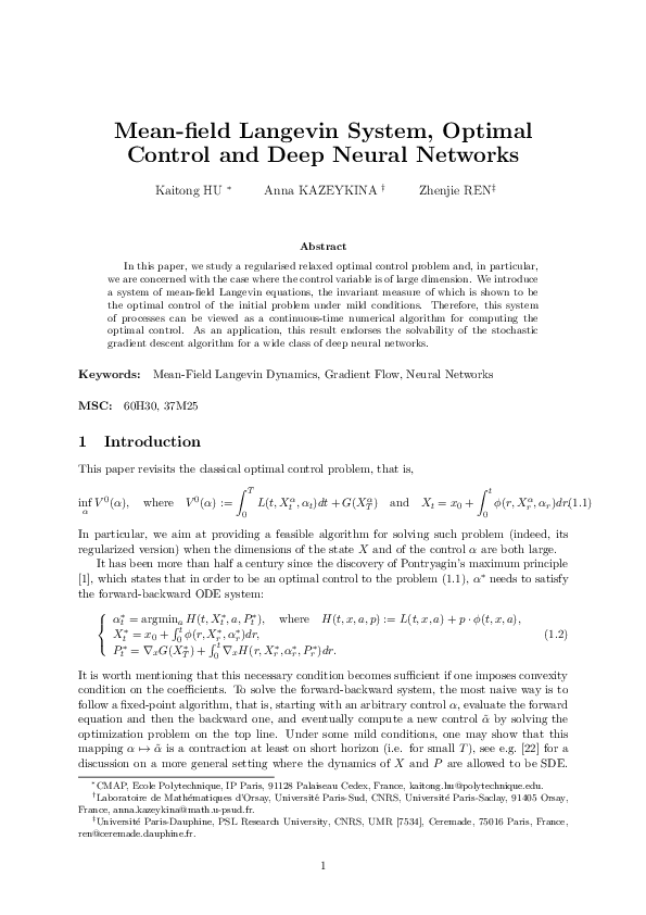 (PDF) Mean-field Langevin System, Optimal Control and Deep Neural Networks