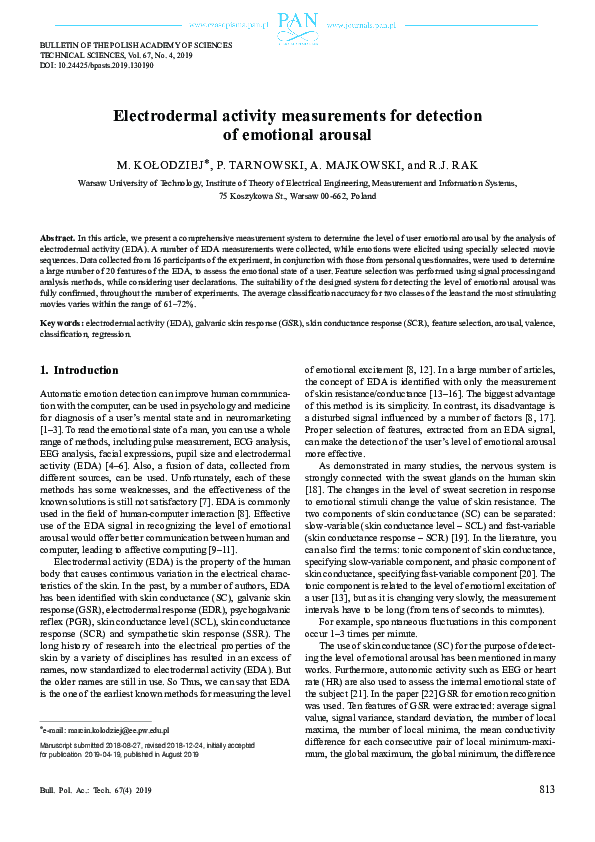 (PDF) Electrodermal activity measurements for detection of emotional ...