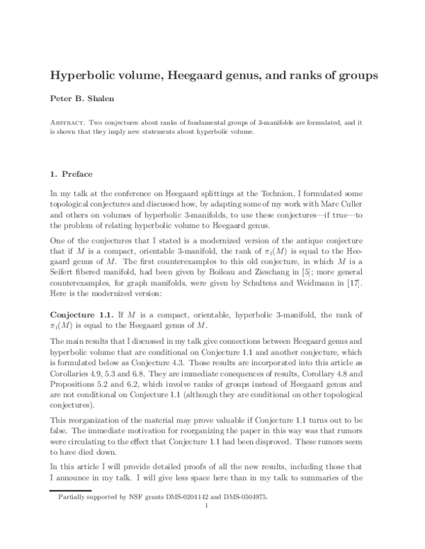 (PDF) Hyperbolic volume, Heegaard genus and ranks of groups