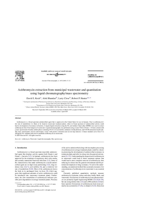 (PDF) Azithromycin extraction from municipal wastewater and ...