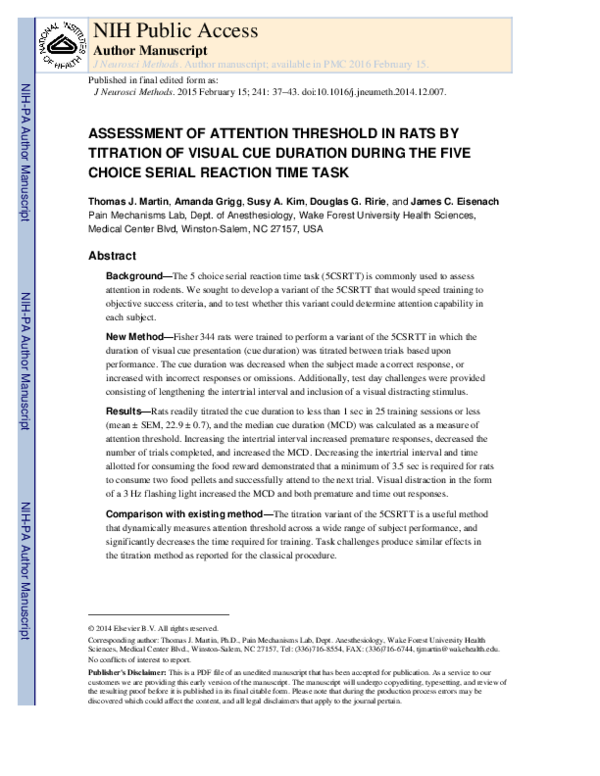 (PDF) Assessment of attention threshold in rats by titration of visual ...
