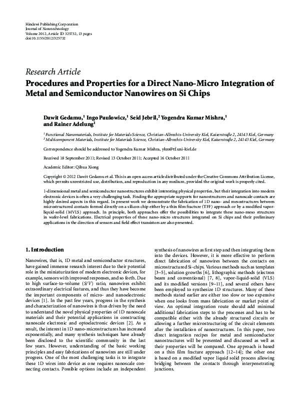 (PDF) Procedures and Properties for a Direct Nano-Micro Integration of Metal and Semiconductor ...
