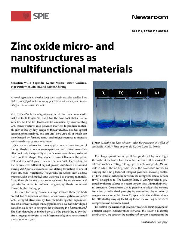 (PDF) Zinc oxide micro- and nanostructures as multifunctional materials