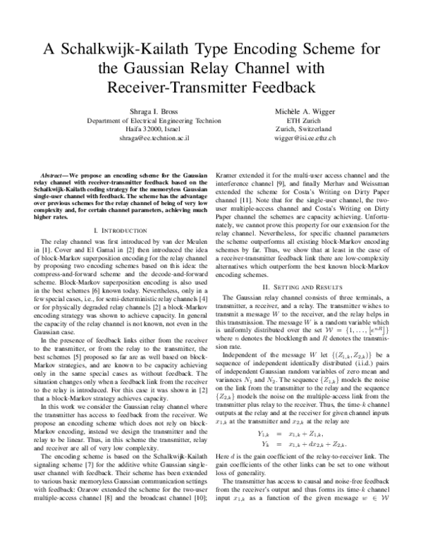 (PDF) A Schalkwijk-Kailath Type Encoding Scheme for the Gaussian Relay ...